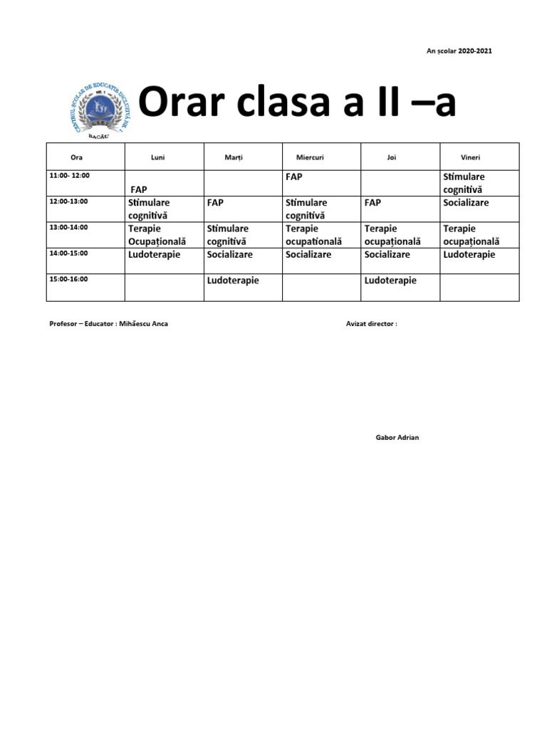 Orar Clasa A 2-A | PDF