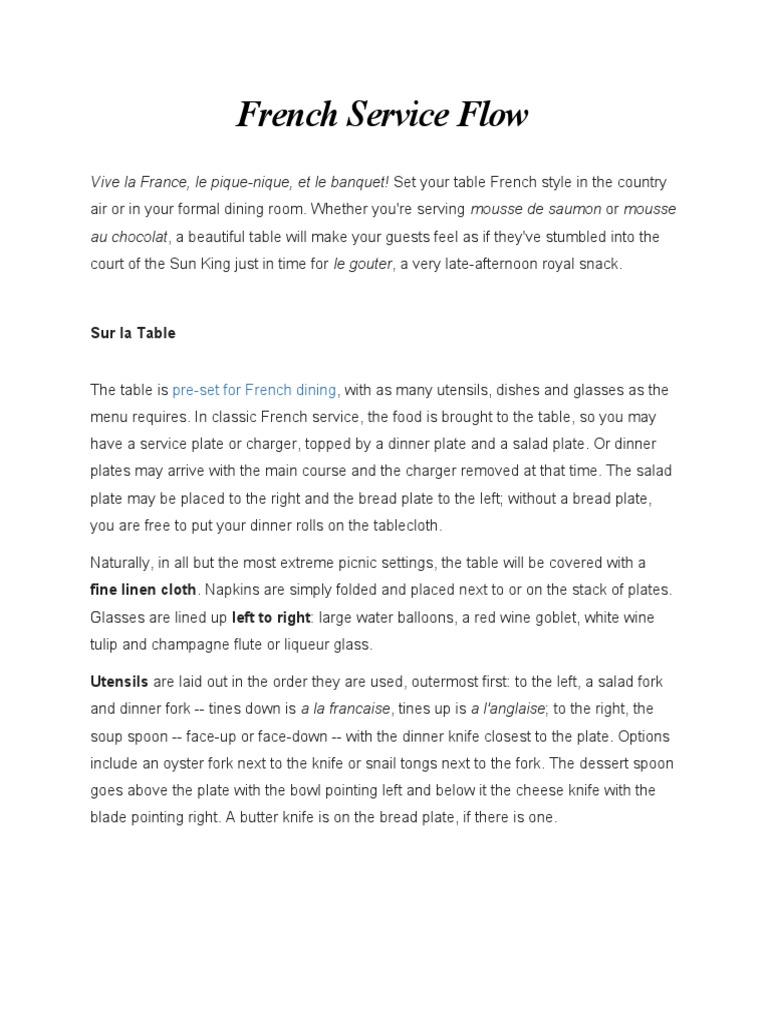 French Service Flow | PDF | Tableware | Menu