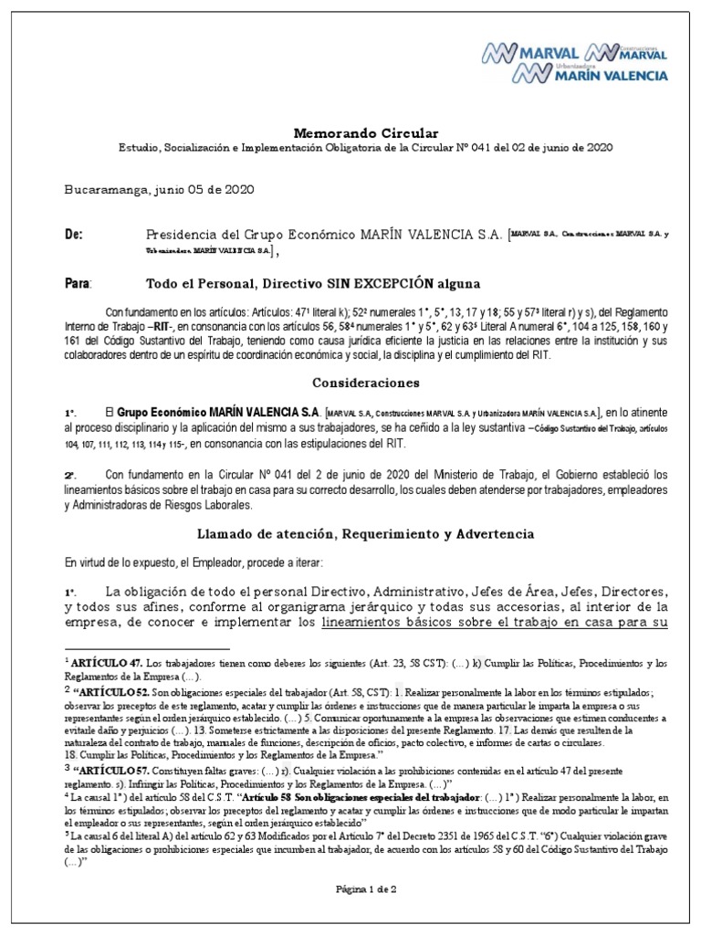 Memorando Circular #041 Del 2020 | PDF | Gobierno | Instituciones sociales