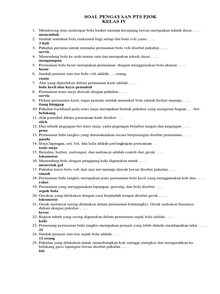 Soal Pengayaan PTS Pjok 4 | PDF