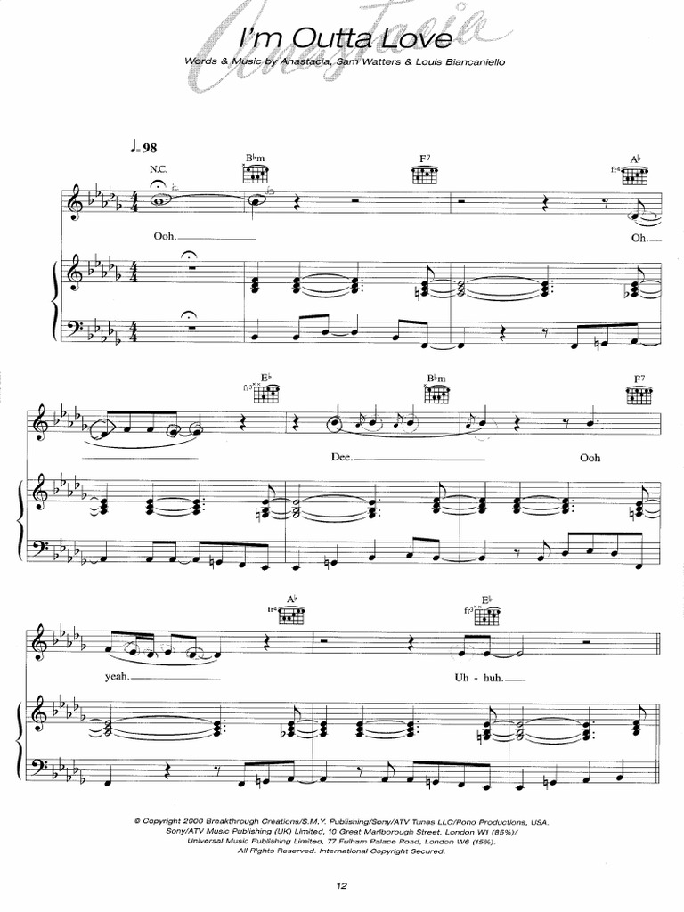Partitura Piano Anastacia Im Outta Love Pdf
