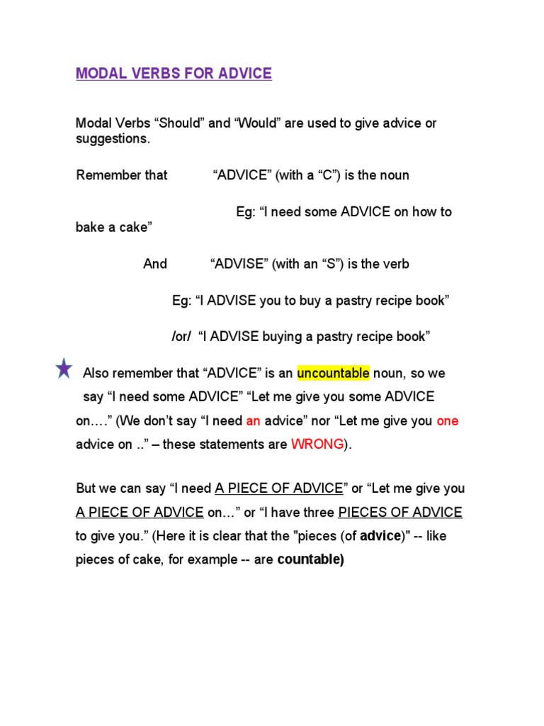 MODAL VERBS FOR ADVICE + Activities | PDF | Verb | Morphology