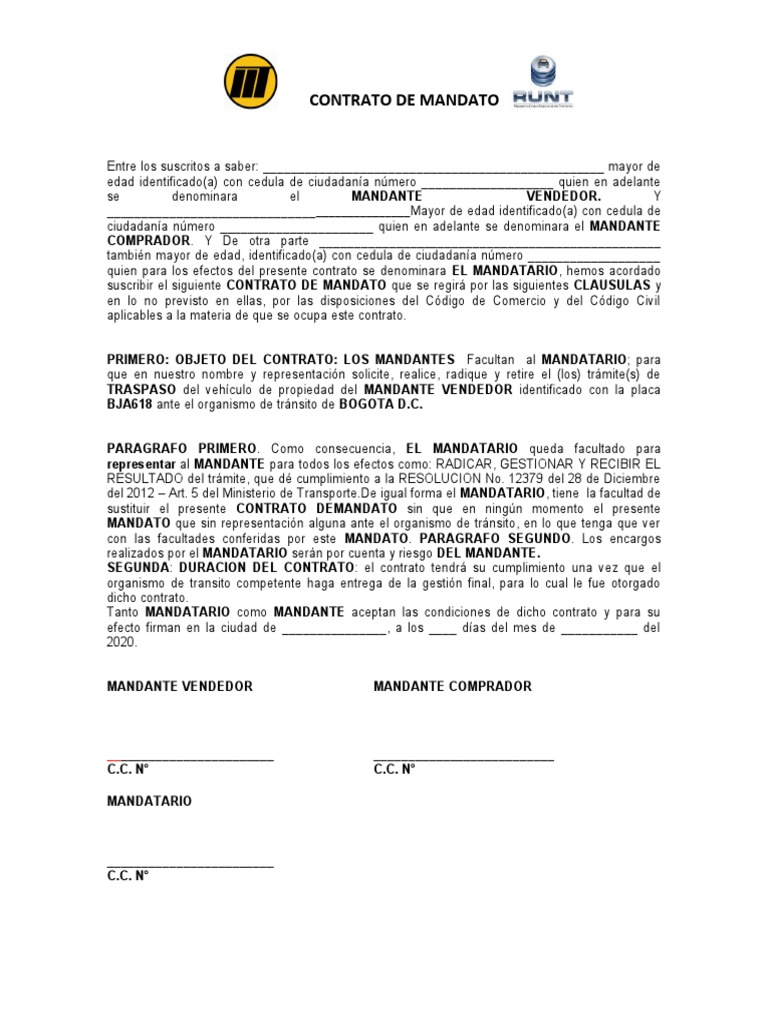 Contrato de Mandato (Traspaso) (Formato en Blanco) | PDF | Gobierno | Justicia