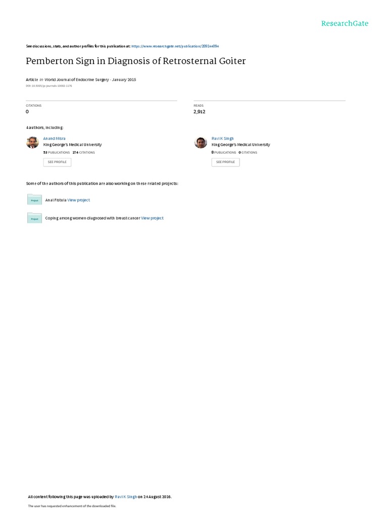 Pemberton Sign in Diagnosis of Retrosternal Goiter | PDF | Thyroid ...