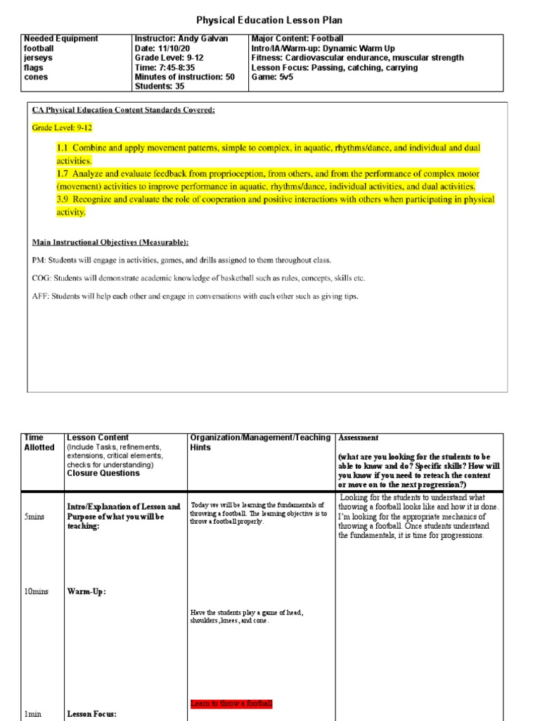 Lesson Plan Outline Football | PDF | Lesson Plan | Education Theory