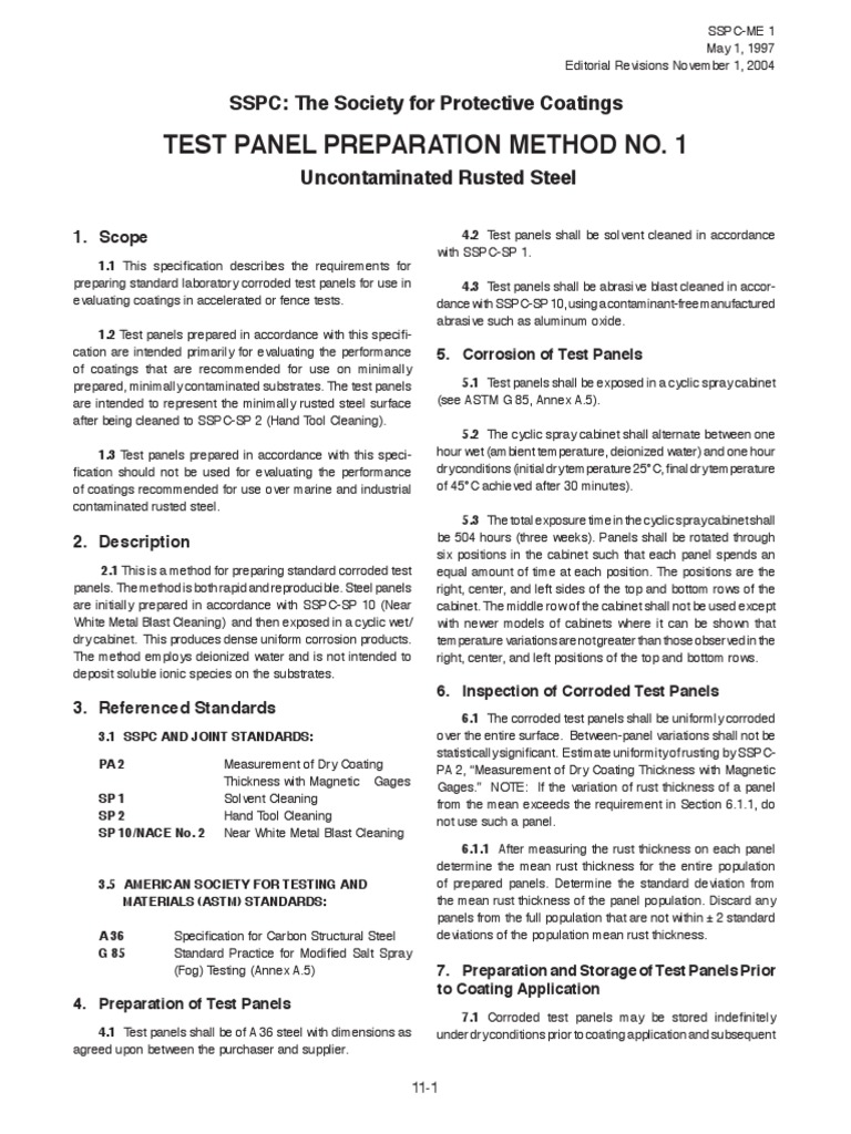 Test Panel Preparation Method No. 1: SSPC: The Society For Protective ...