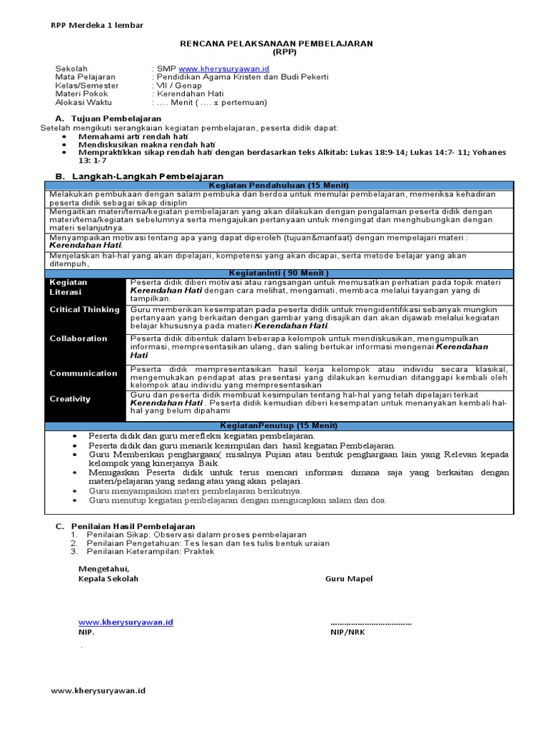 8 - RPP 1 Lembar PAK Kelas 7 Semester 2 - WWW - Kherysuryawan.id | PDF
