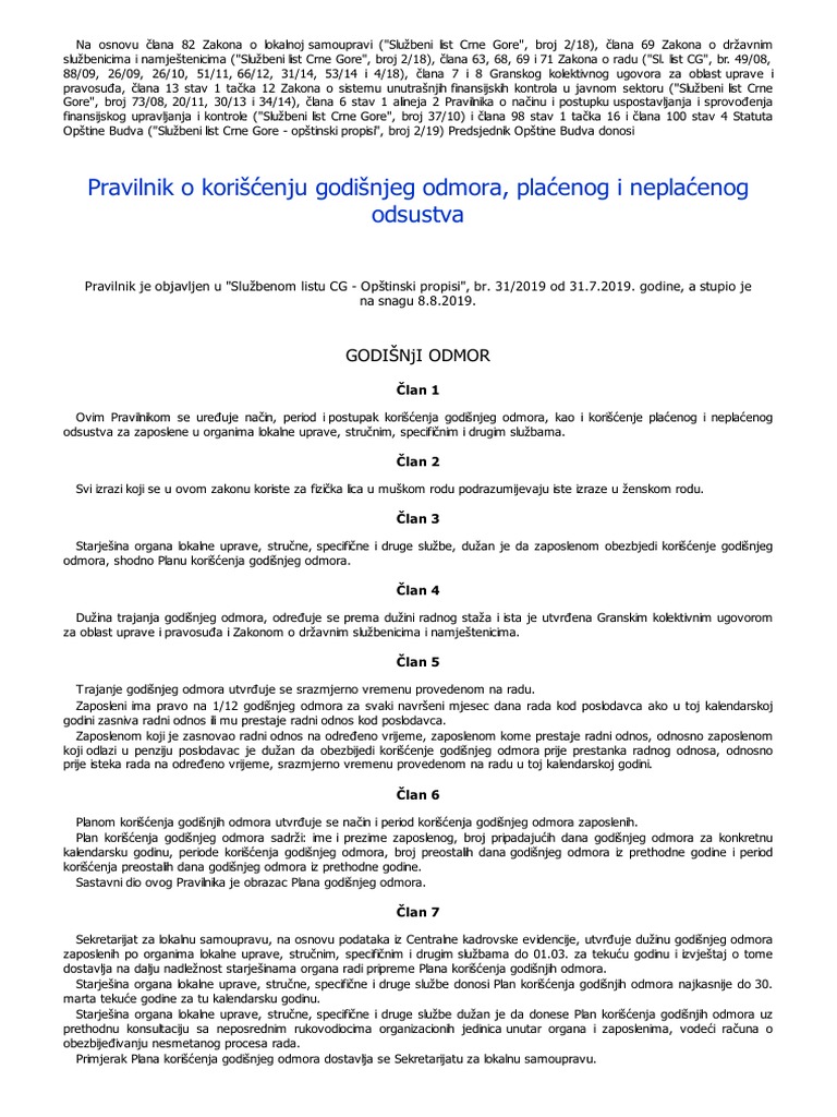 Pravilnik o Koriscenju Godisnjeg Odmora | PDF