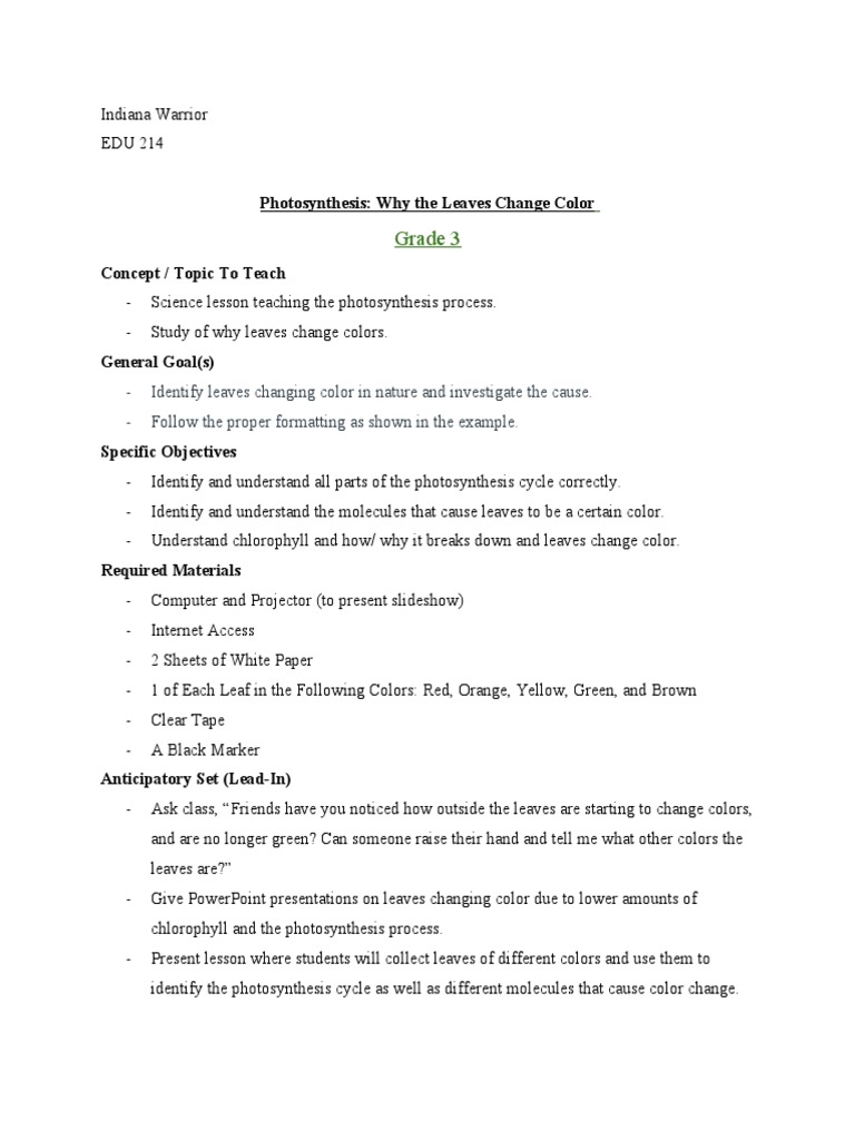 Lesson Plan Edu 214 Final PT | PDF | Leaf | Photosynthesis