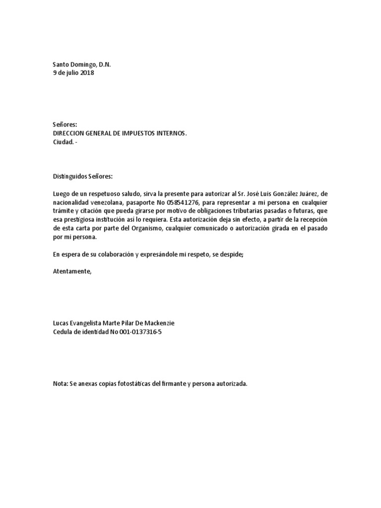 Carta de Autorizacion Ante La DGII (Modelo) | PDF