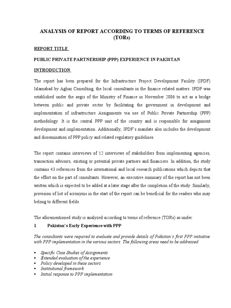Analysis of Report According To Terms of Reference (Tors | PDF | Public–Private Partnership ...