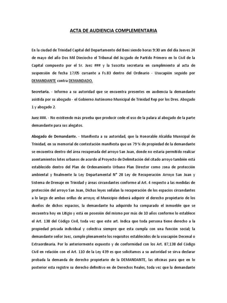 Modelo Acta de Audiencia Complementaria | PDF | Propiedad | Gobierno