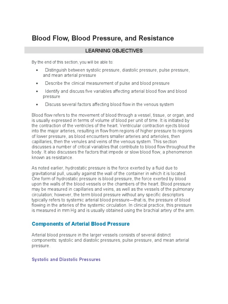 Blood Flow, Blood Pressure, and Resistance: Learning Objectives | PDF ...