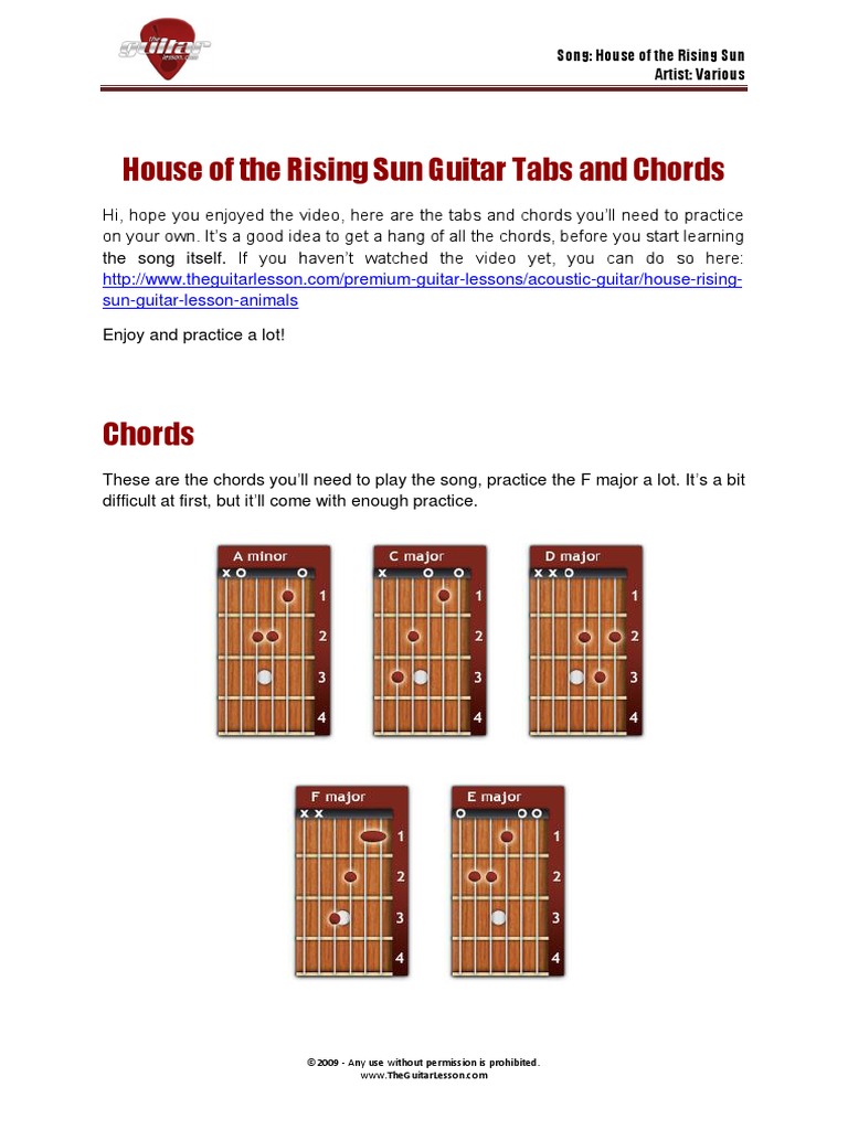 House of The Rising Sun Guitar Tabs and Chords | PDF | Musical ...