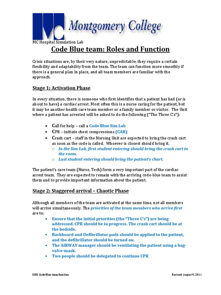 Code Blue Team: Roles and Function: Stage 1: Activation Phase | PDF ...