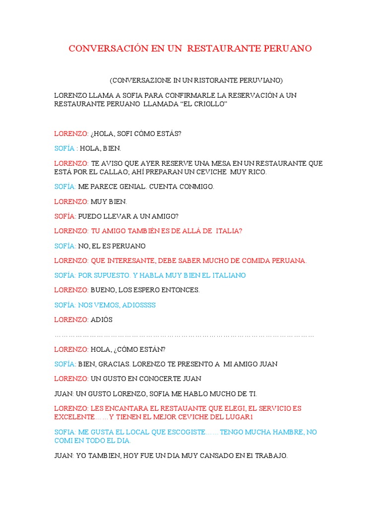 Conversación en Restaurante Peruano | PDF | Cocina occidental | Comida ...