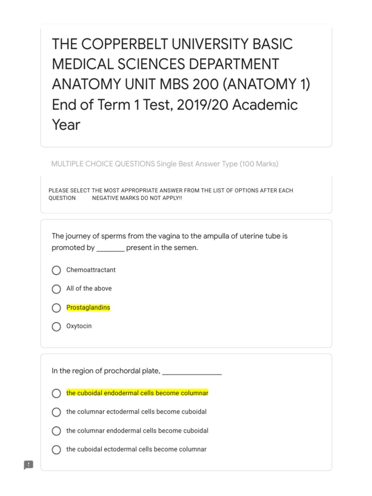 The Copperbelt University Basic Medical Sciences Department Anatomy Unit Mbs 200 (Anatomy 1) End ...