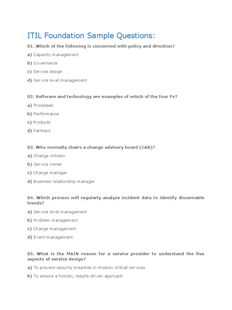 ITIL Foundation Sample Questions | Download Free PDF | Itil ...