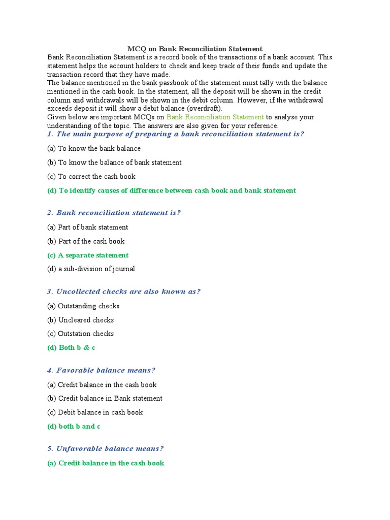 MCQs on Bank Reconciliation Statement | PDF | Bookkeeping | Debits And ...