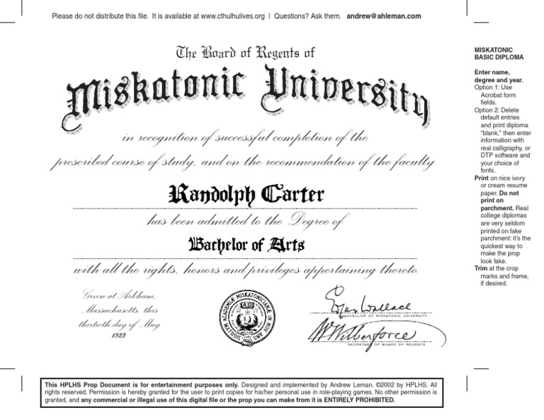 (Misc) (Call of Cthulhu) Miskatonic University Diploma Blank PDF | PDF ...
