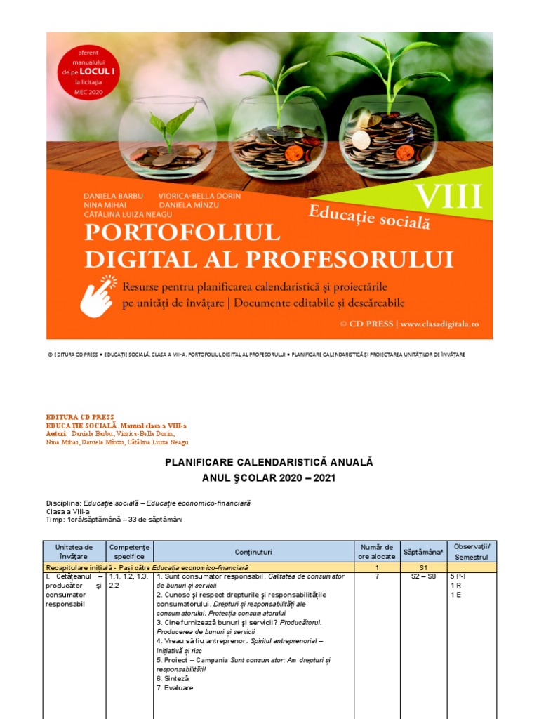 Planificarea Calendaristica Anuala Si Proiectare Pe Unitati de Invatare - Sociala - Clasa A VIII ...