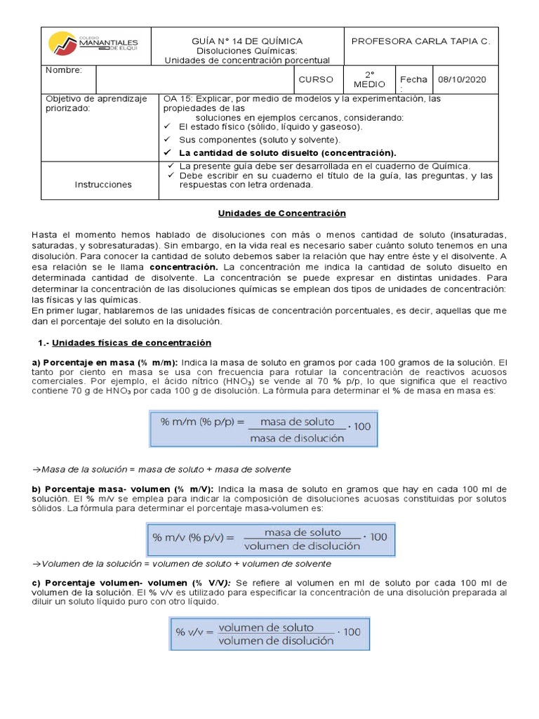 Guía Química 2° Medio Unidades de Concentración Disoluciones Químicas | PDF | Concentración ...