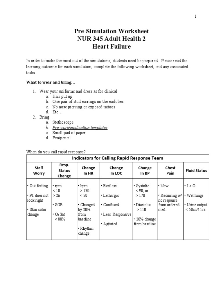 Preparation Worksheets For NUR 345 Heart Failure Sim | PDF | Heart ...