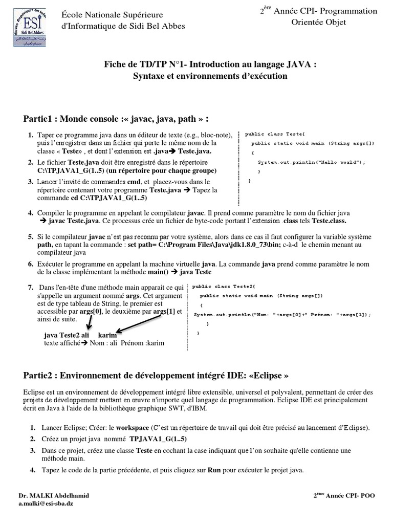 TD TP1 Base Java PDF | PDF | Java (Langage de programmation) | Compilateur
