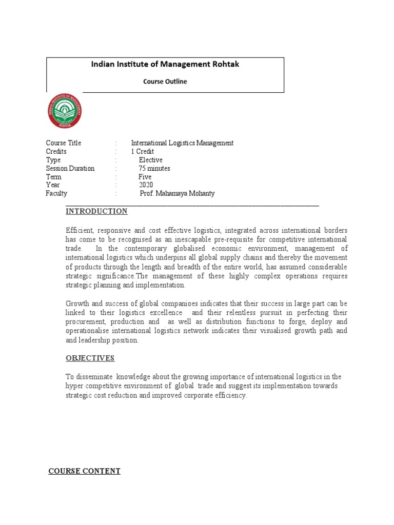 International Logistics Course Outline | PDF | Logistics | Supply Chain ...