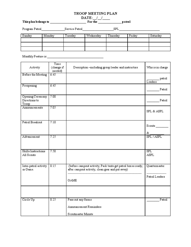 Troop Meeting Plan Form | PDF | Leisure | Sports