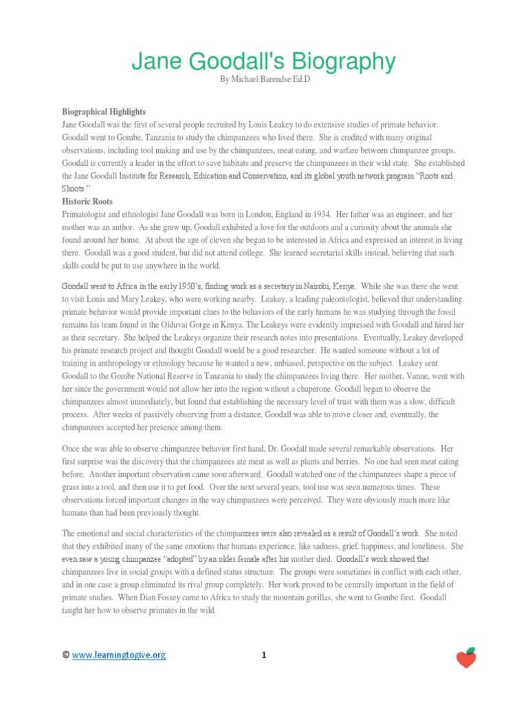 Jane Goodall's Biography: Biographical Highlights | PDF