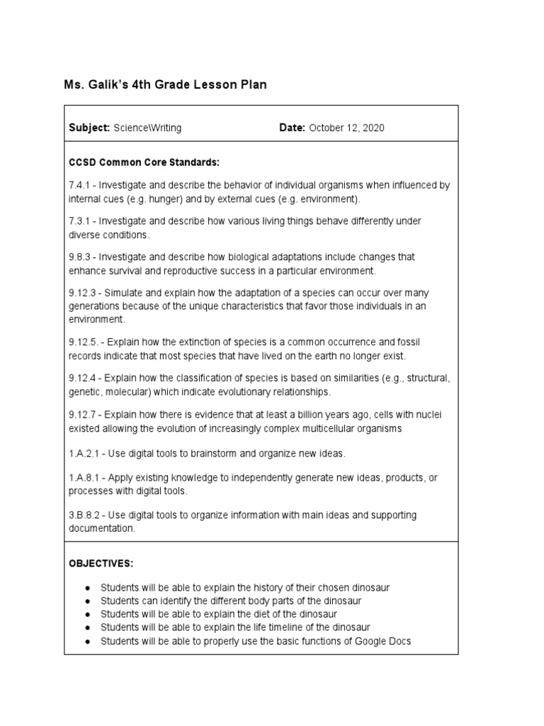 Ms. Galik's 4th Grade Lesson Plan: Date | PDF | Life | Evolution