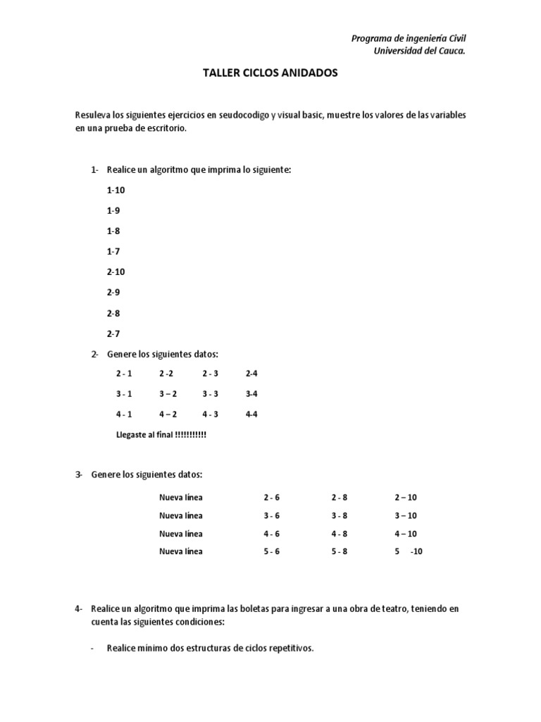 Ejercicios Ciclos Anidados PDF | PDF | Conceptos matemáticos | Matemáticas Aplicadas