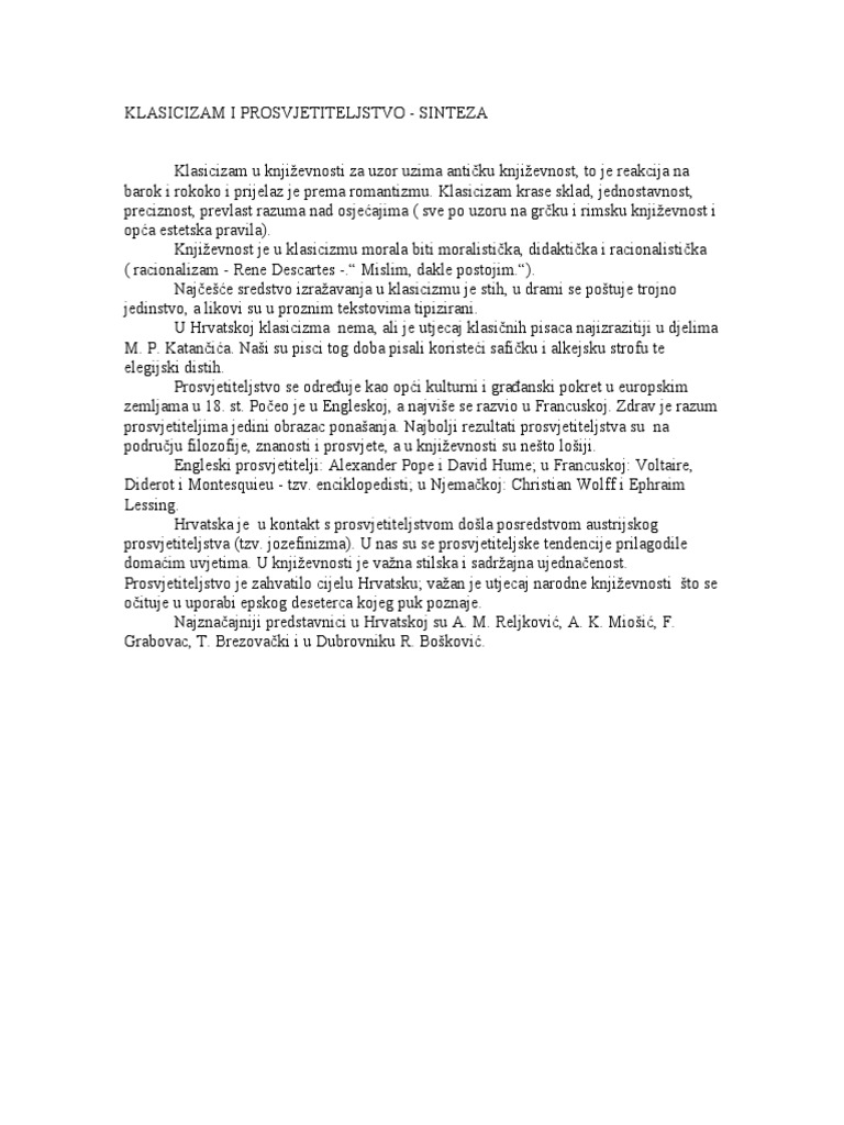 KLASICIZAM I PROSVJETITELJSTVO - Sinteza | PDF