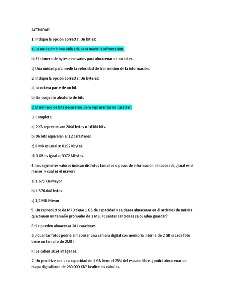 Ejercicios de Cálculo de Almacenamiento Digital | PDF | Poco | Byte