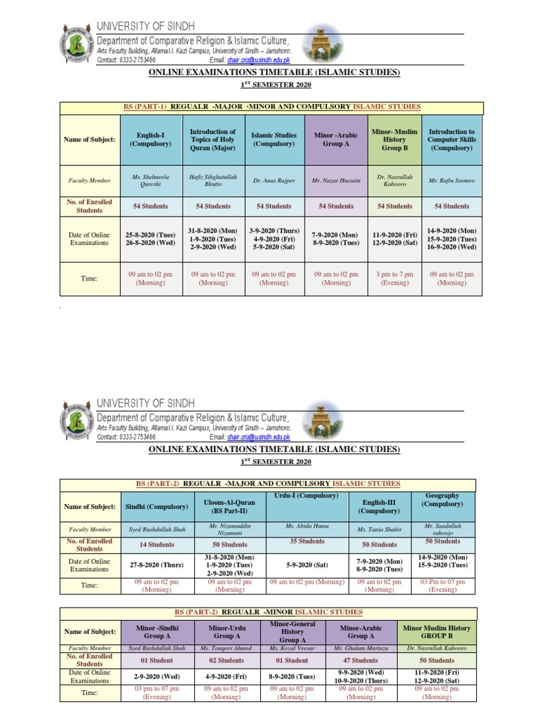 BS 1 & 2 Online Examination Timetable 1st Semester 2020 Islamic Studies ...