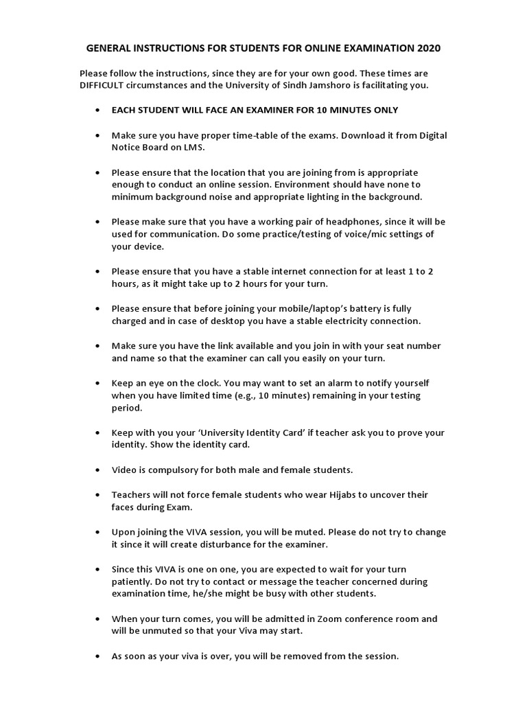 General Instructions For Students For Online Examination 2020 PDF | PDF
