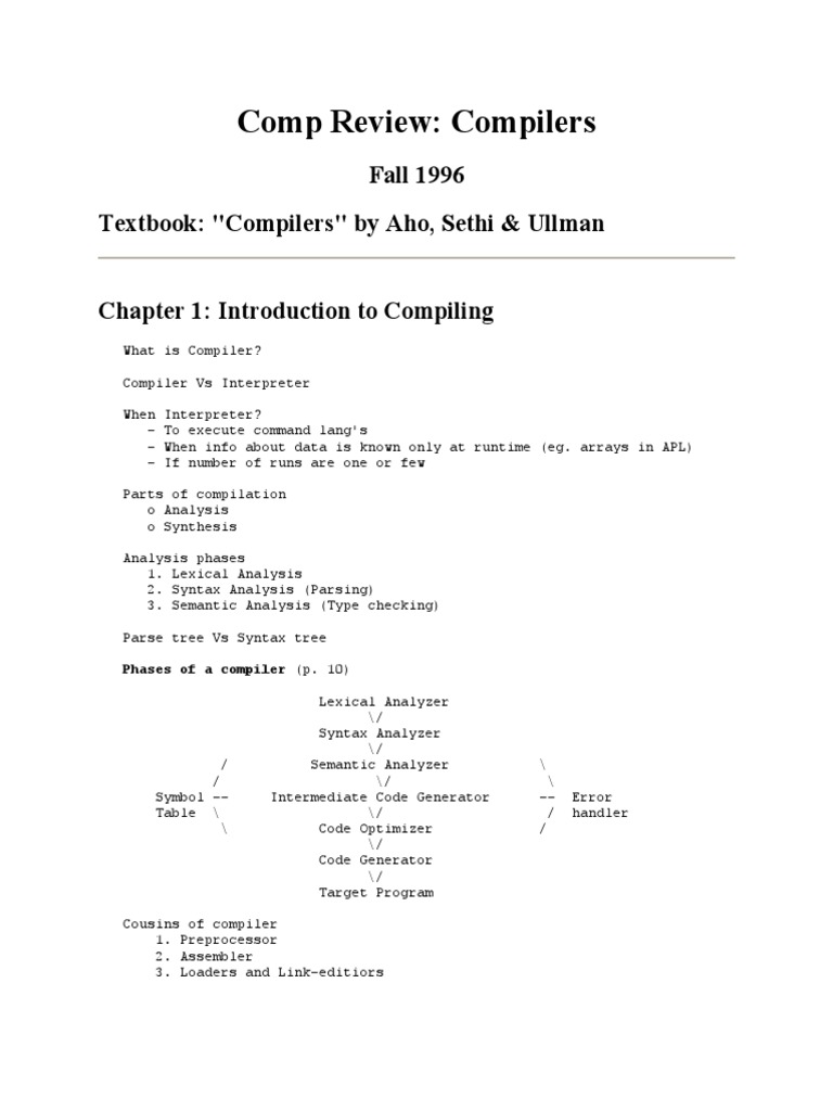 Comp Review: Compilers: Fall 1996 Textbook: "Compilers" by Aho, Sethi & Ullman | PDF | Parsing ...
