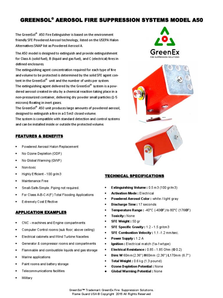 Greensol Aerosol Fire Suppression Systems Model A50: Features ...