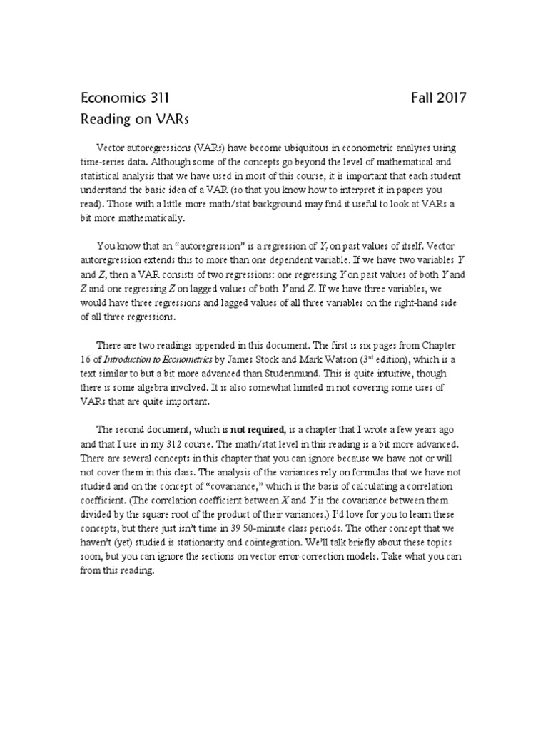 Economics 311 Fall 2017 Reading On Vars | PDF | Vector Autoregression ...