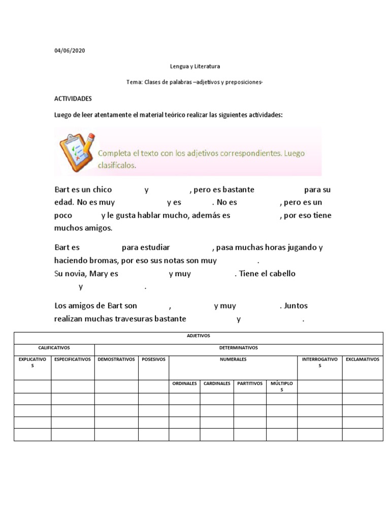 Adjetivos y Preposiciones - Actividades | PDF | Bart Simpson | Adjetivo