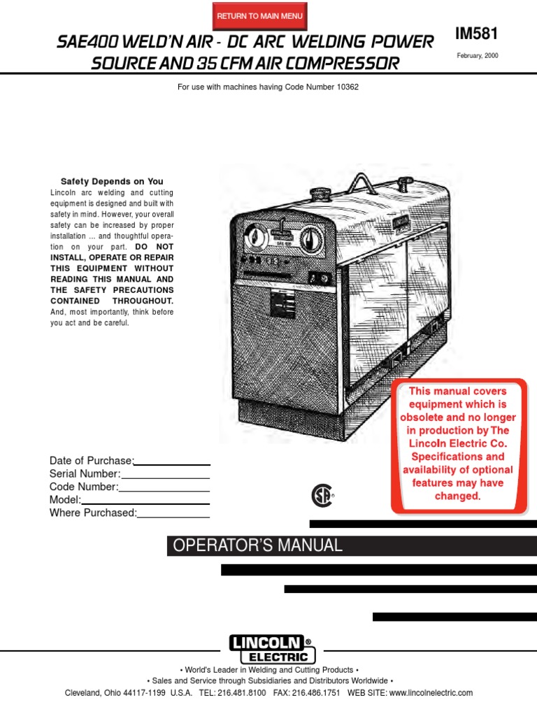 Sae400 Weld'N Air - DC Arc Welding Power Source and 35 CFM Air ...