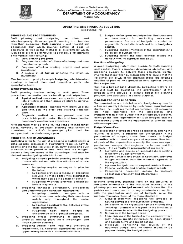 Operating And Financial Budgeting Final Pdf Expense Inventory