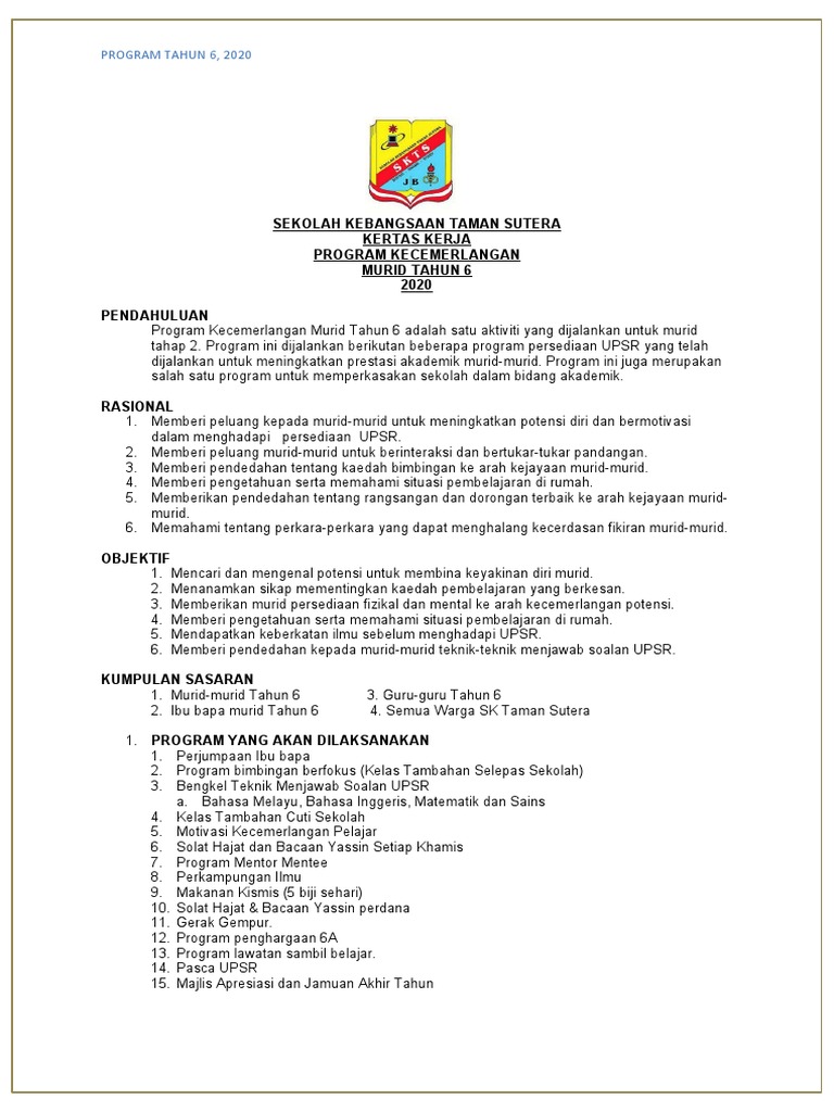 Kertas Kerja Temu Mesra & Program Tahun 6 2020 | PDF