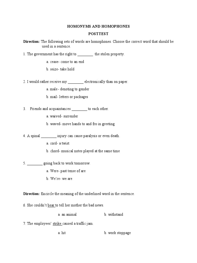 Homonyms and Homophones Posttest | PDF | Language Arts & Discipline