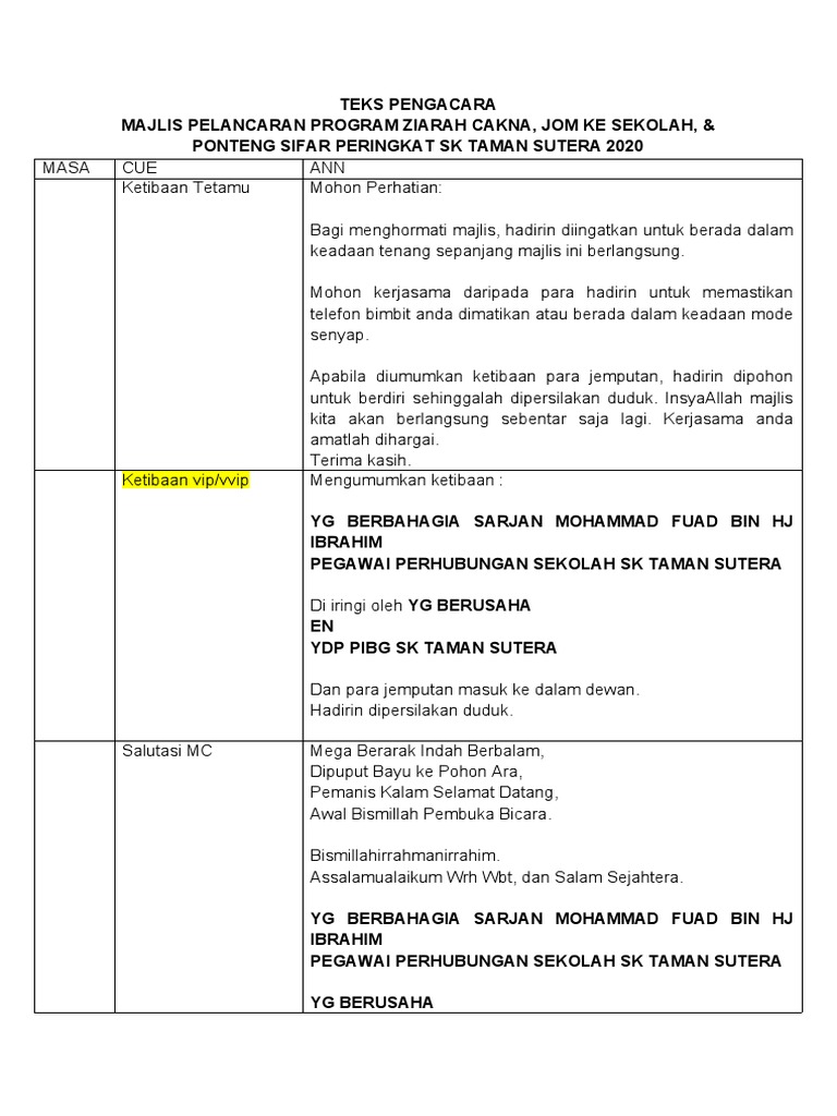 Teks Emcee Ziarah Cakna, Jom Ke Sek & Sifar Ponteng 2020 | PDF