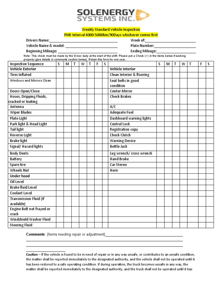 Weekly Standard Inspection | PDF | Vehicles | Truck