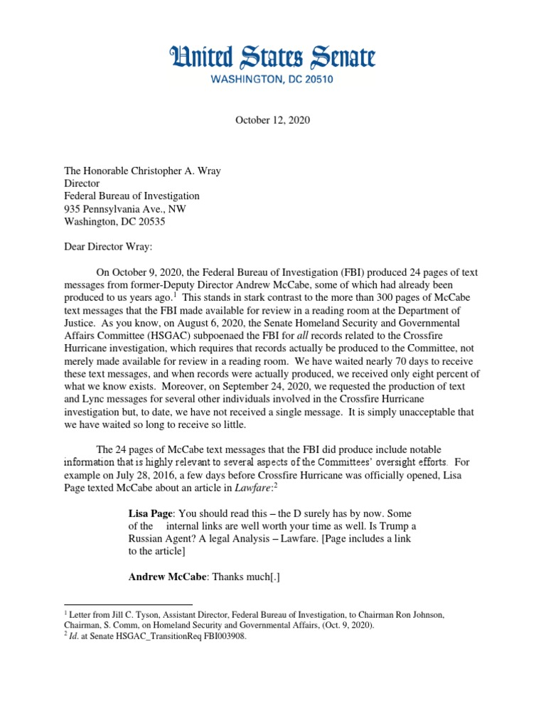 Johnson & Grassley Letter To Wray - October 12, 2020 | PDF | James ...