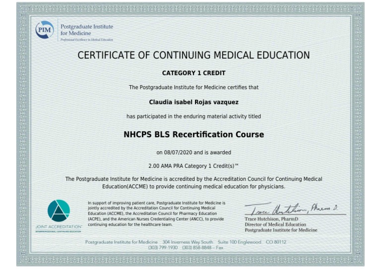 Bls Basic Life Support Recertification Course Certificate | PDF