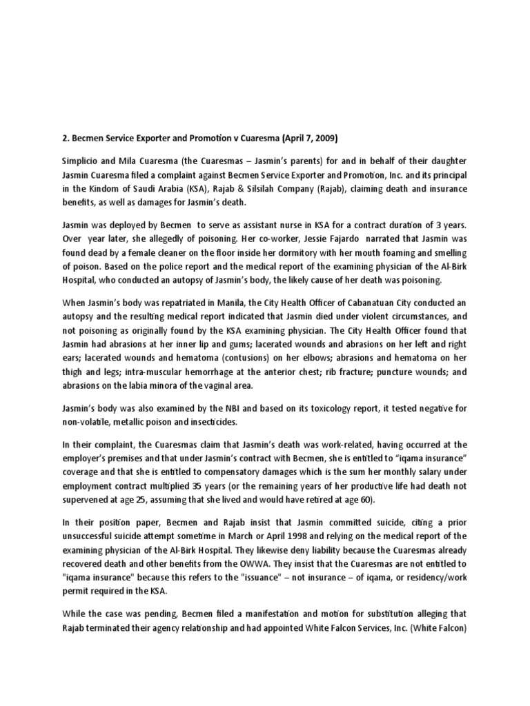 Becmen Service Exporter and Promotion V Cuaresma Case Digest | PDF ...